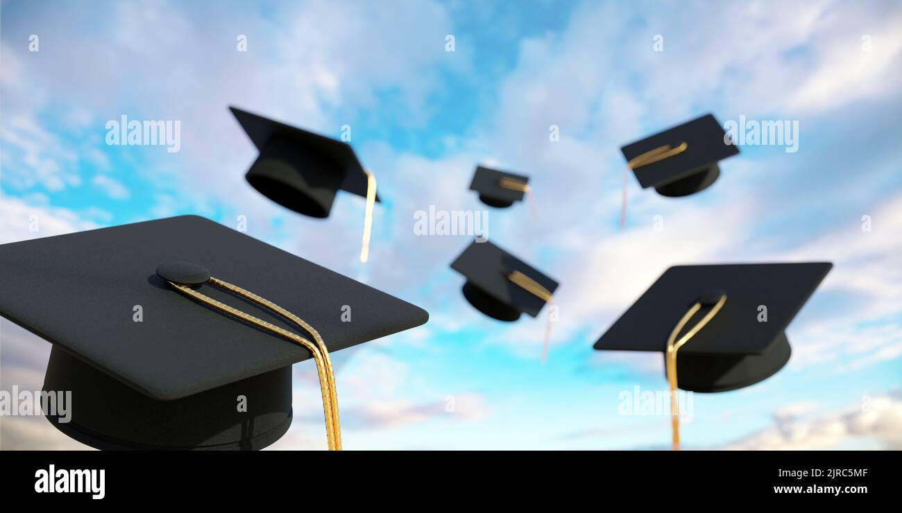 Graduation. Mortarboards flying on blue cloudy sky. College and high ...
