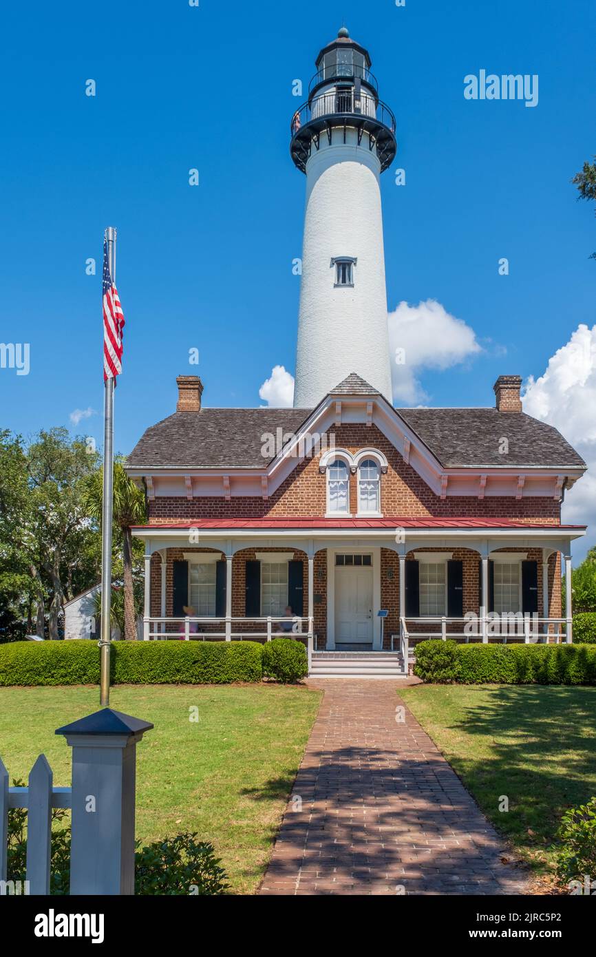 St. Simons Lighthouse and Museum on a blue sky sunny day Stock Photo ...