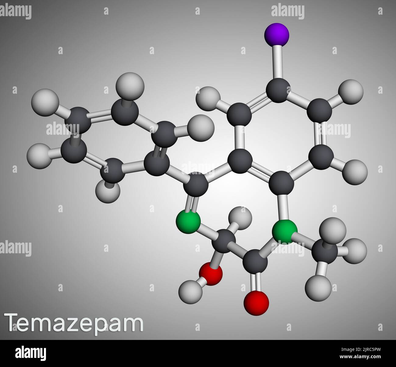 Temazepam drug molecule. It is benzodiazepine, used to treat panic ...