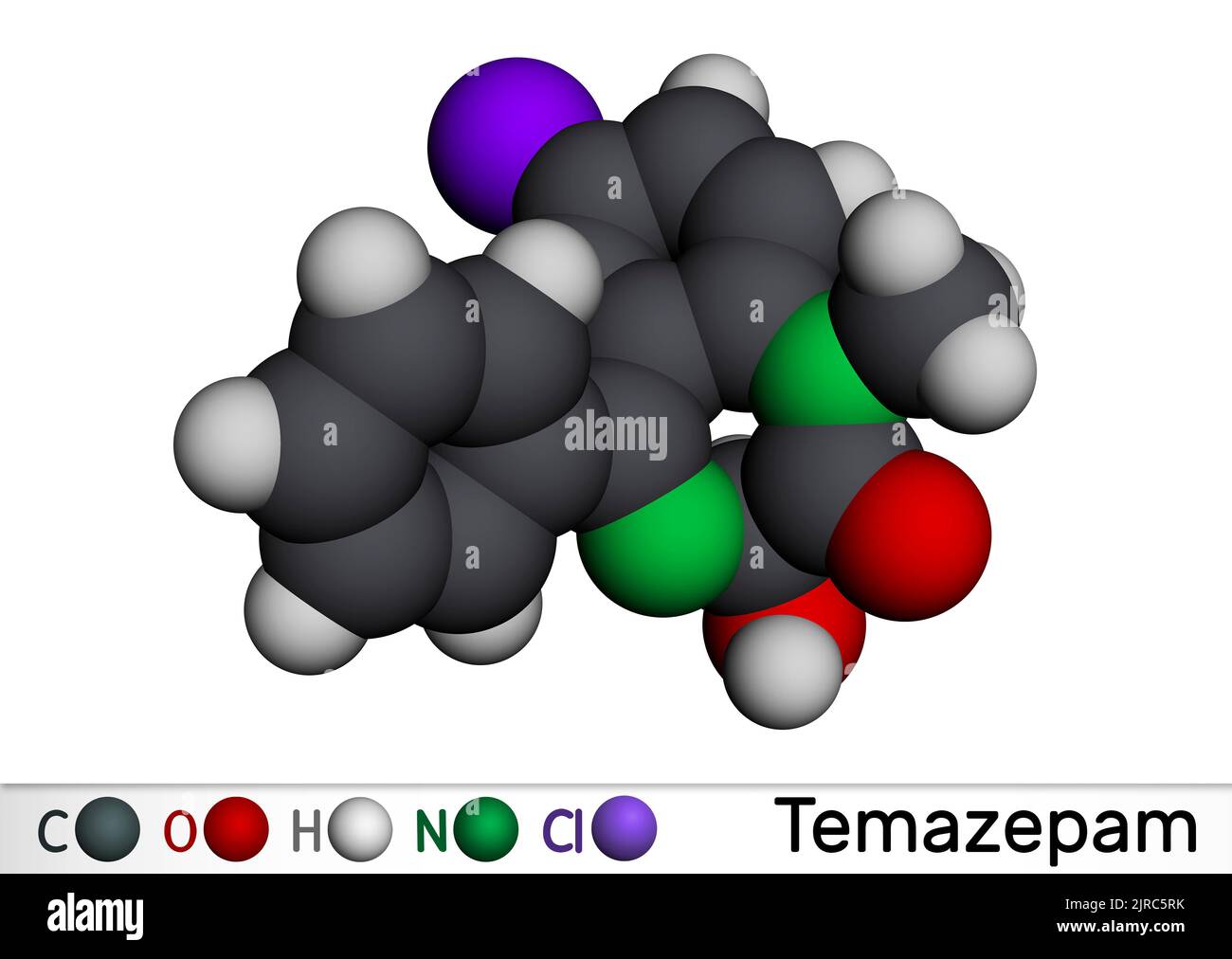 Temazepam drug molecule. It is benzodiazepine, used to treat panic ...