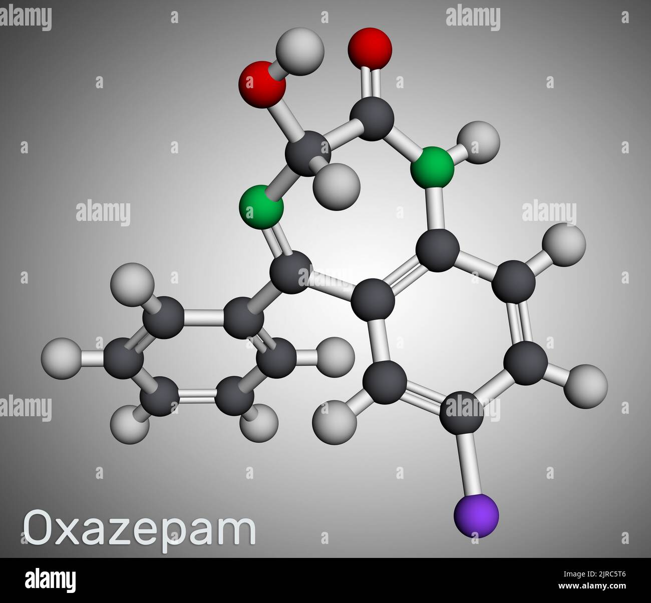 Oxazepam molecule. It is benzodiazepine used to treat panic disorders ...