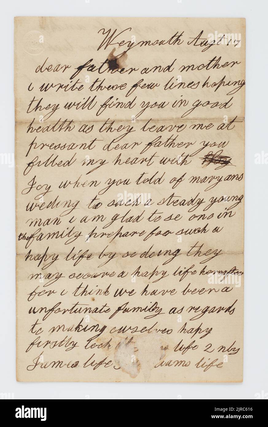 Letter, 17 August 1854, Weymouth, by Private George Tatler. Gift of ...