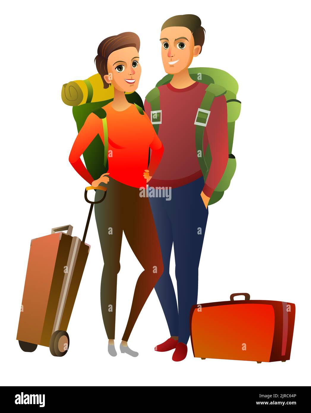Tourists with backpacks and suitcases. Standing and smiling. Boy and girl or husband and wife ...