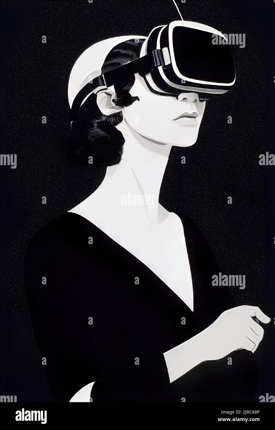 Vertical grayscale of a vintage woman in 1960s style wearing a VR ...