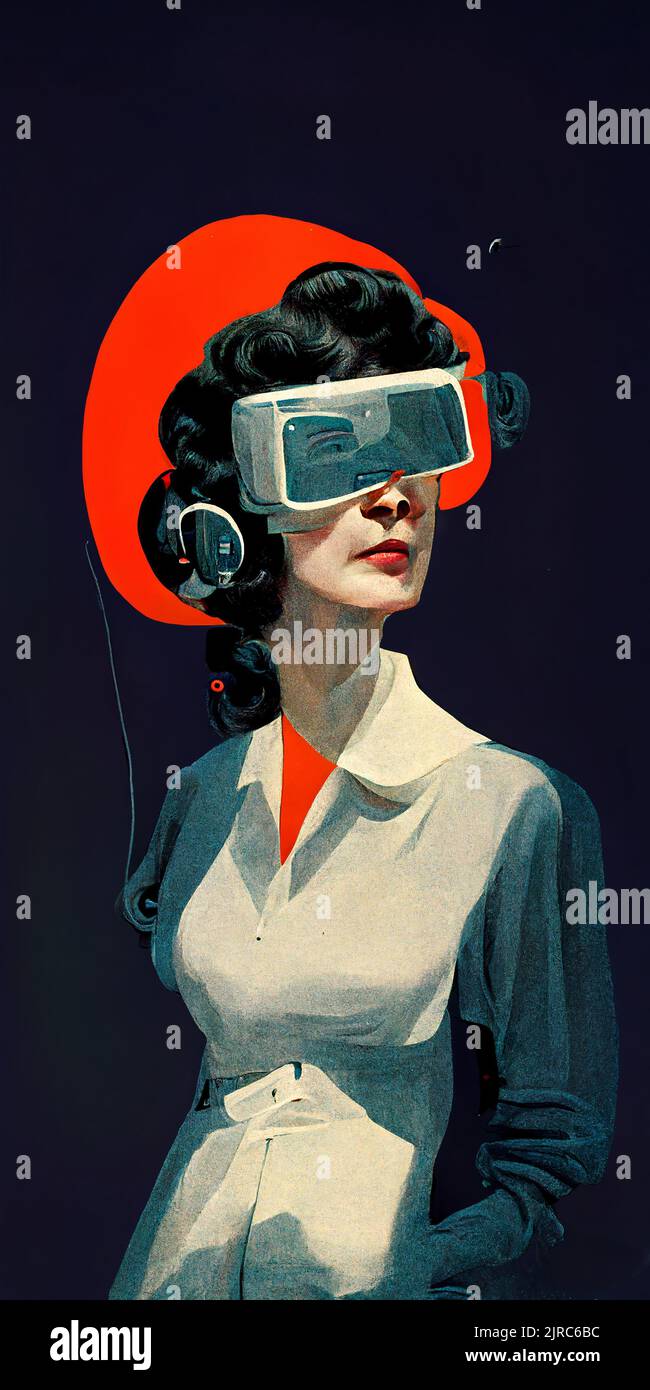 A vertical shot of a vintage woman in 1960s style wearing a VR headset ...