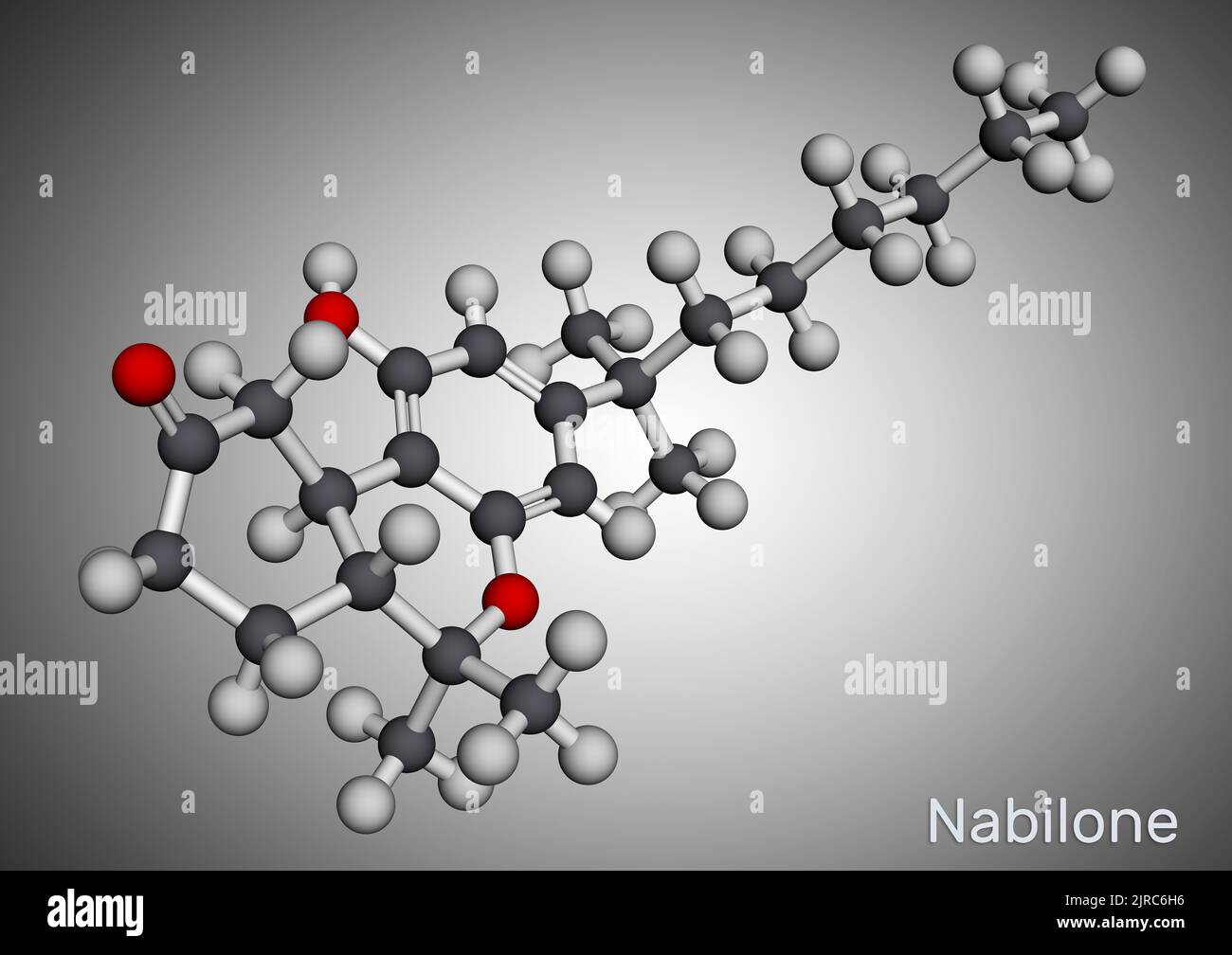 Nabilone molecule. It is synthetic cannabinoid, used as antiemetic drug ...