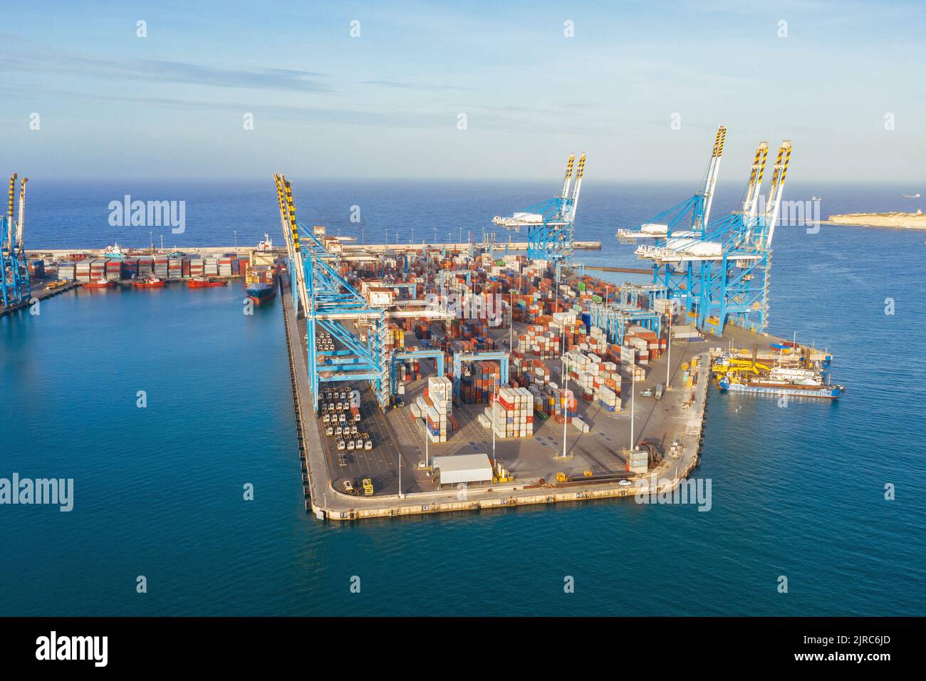 Aerial top view port marina with containers and cargo Stock Photo - Alamy