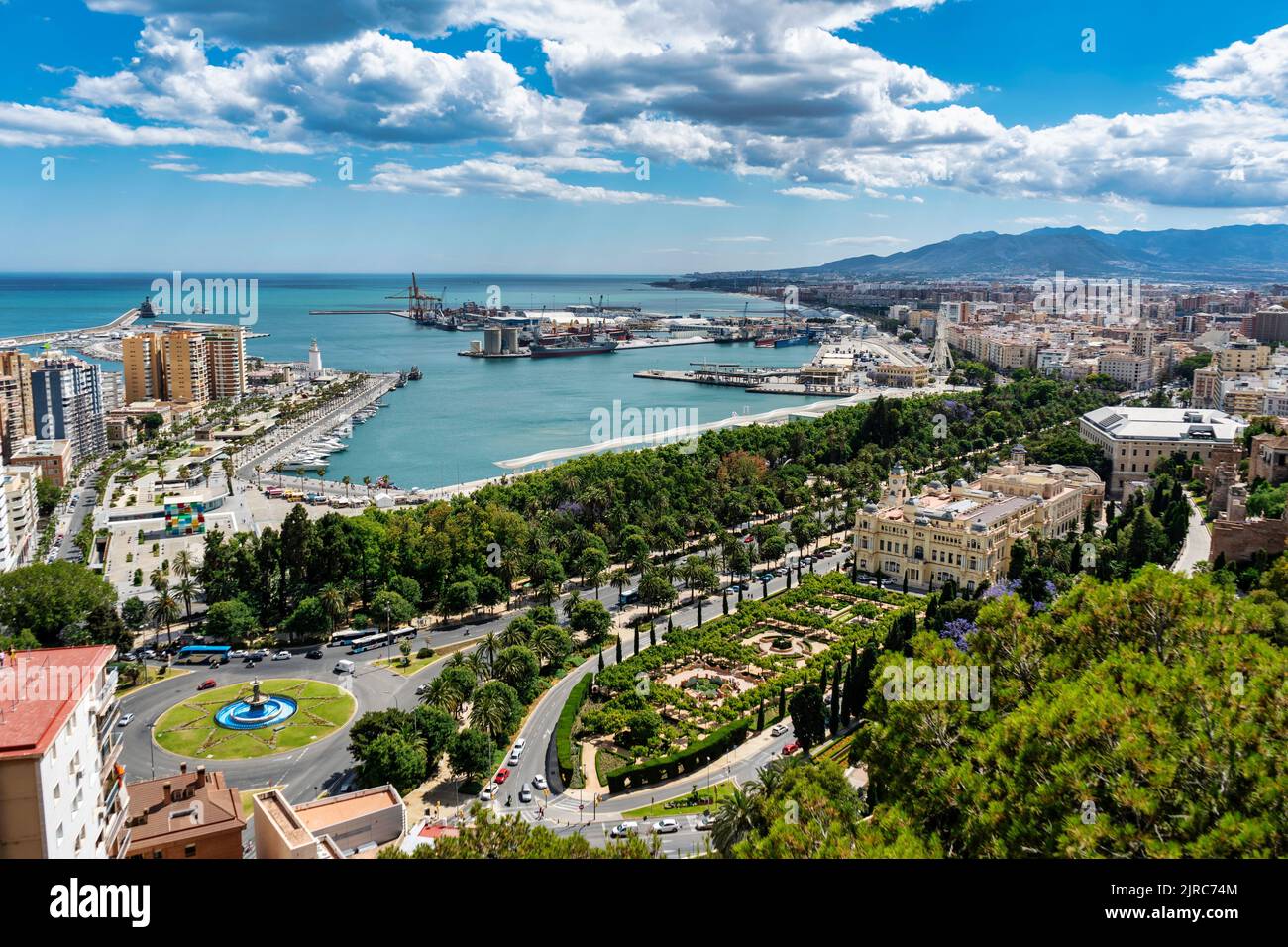 An aerial view of the port of the city of Malaga in Spain in blue sky ...