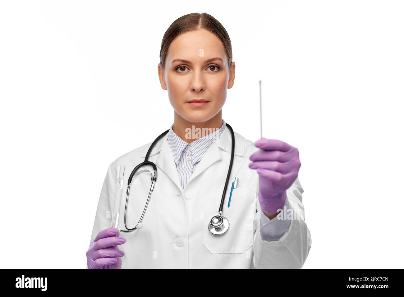 female doctor with test tube and cotton swab Stock Photo - Alamy