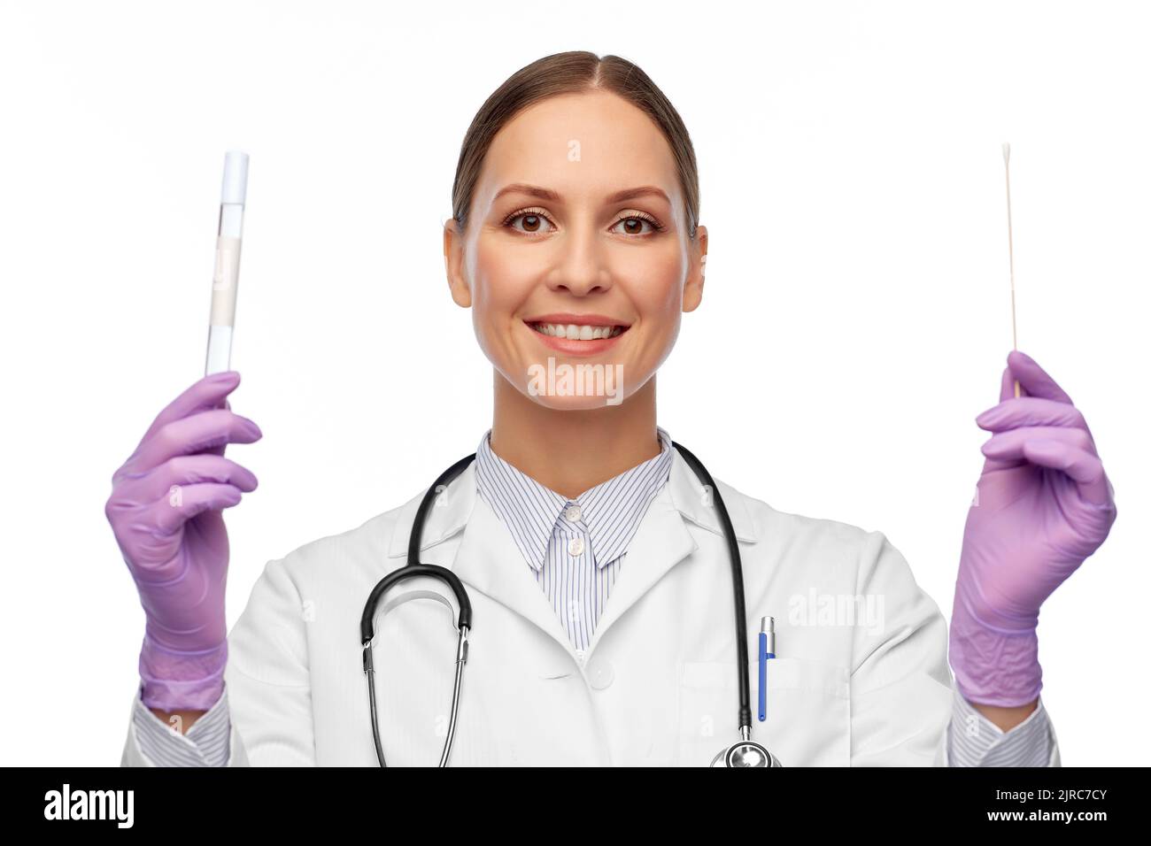 happy female doctor with test tube and cotton swab Stock Photo - Alamy