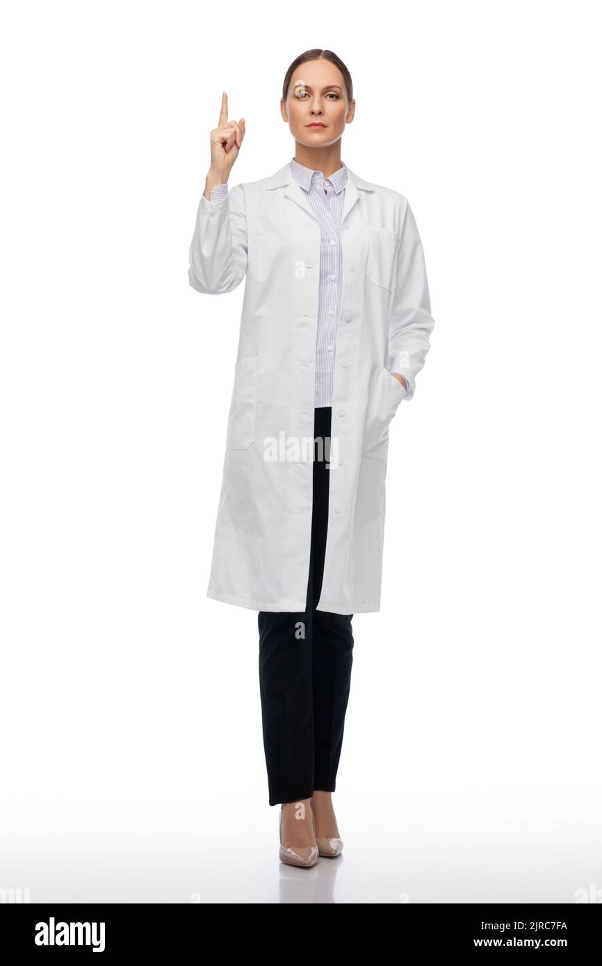 female doctor or scientist pointing finger up Stock Photo - Alamy
