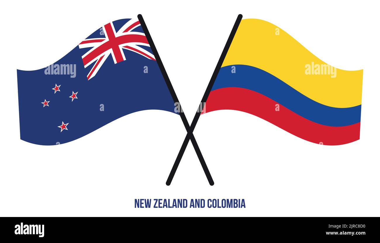 New Zealand and Colombia Flags Crossed And Waving Flat Style. Official ...