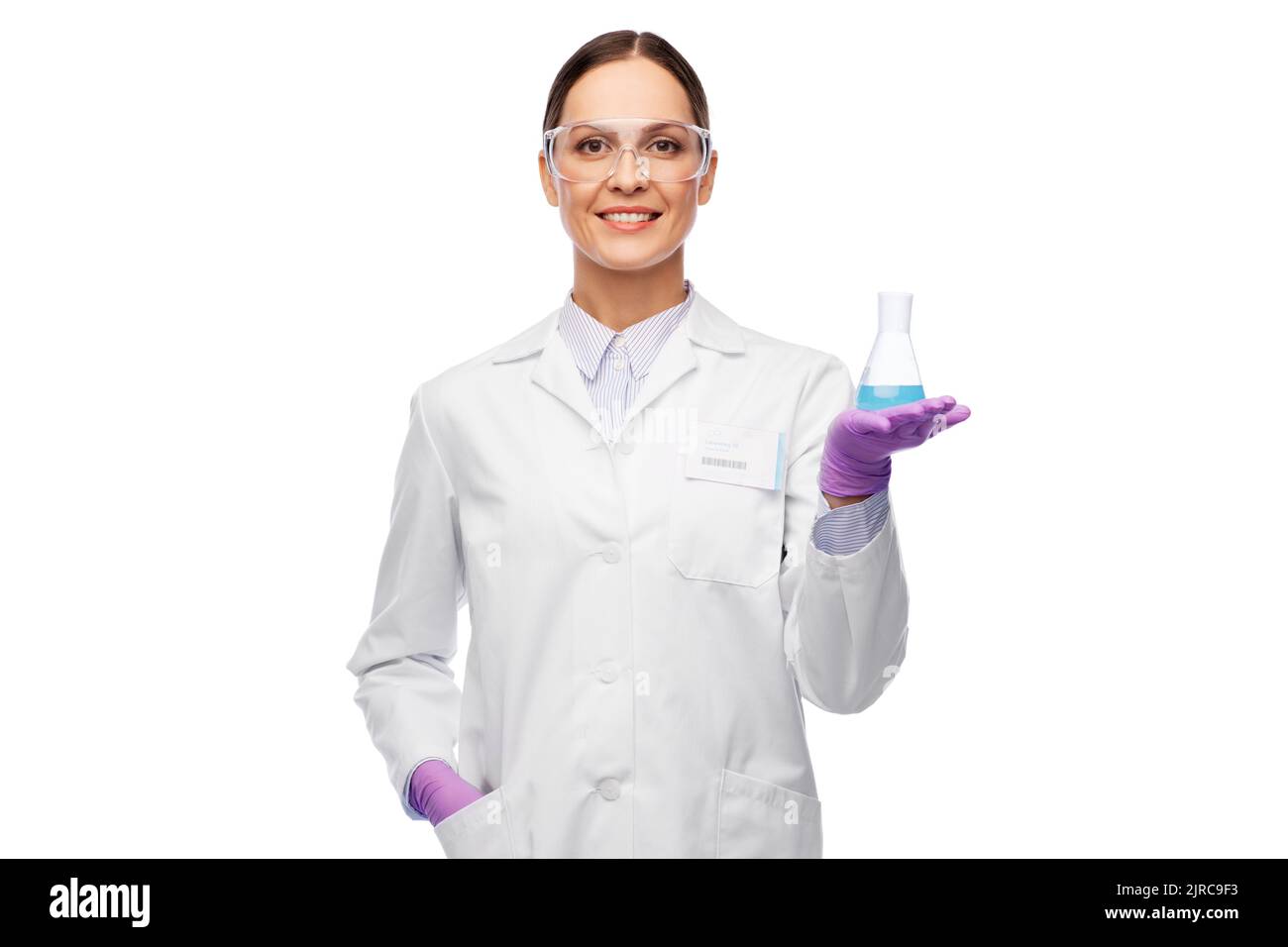 female scientist in goggles with chemical in flask Stock Photo - Alamy