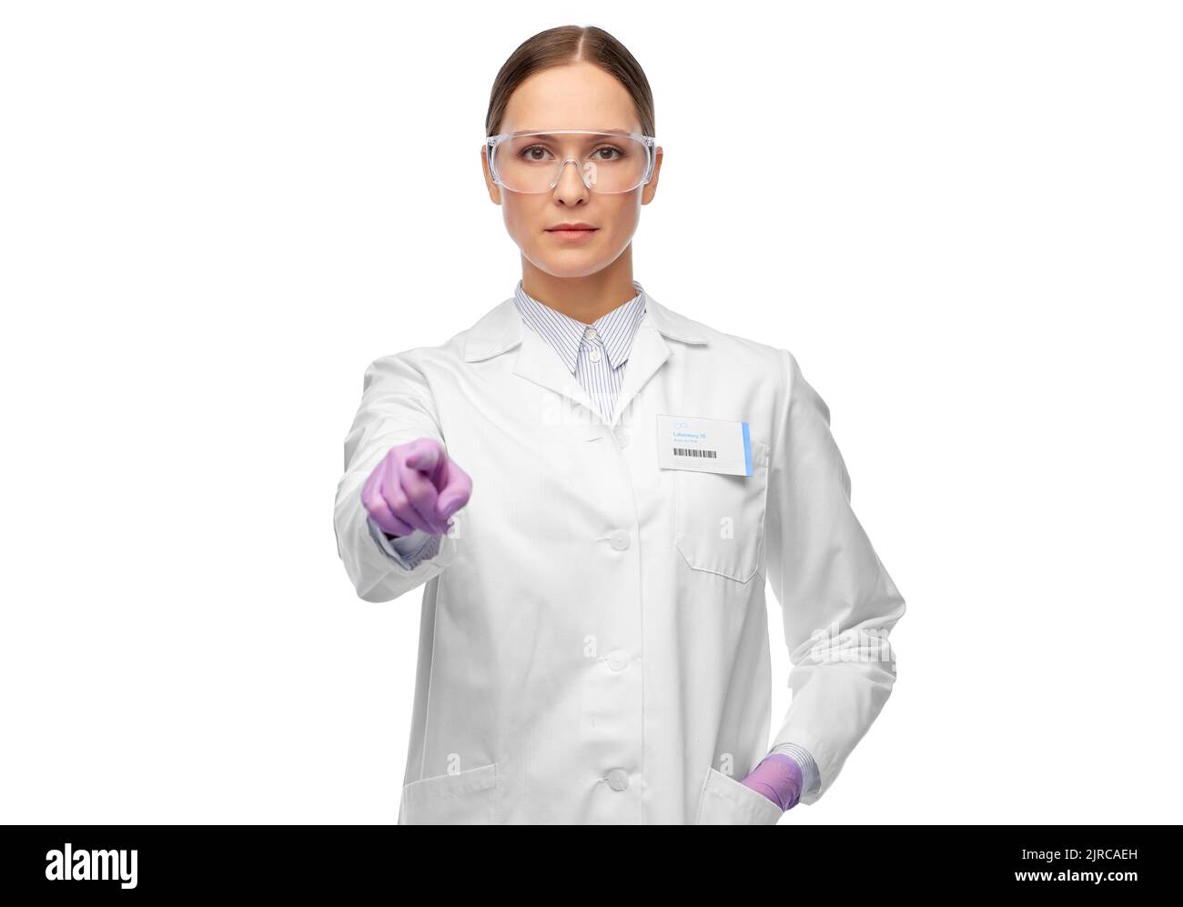 female scientist in goggles pointing to camera Stock Photo - Alamy