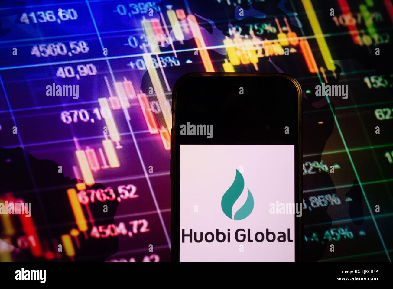 KONSKIE, POLAND - August 10, 2022: Smartphone displaying logo of Huobi ...