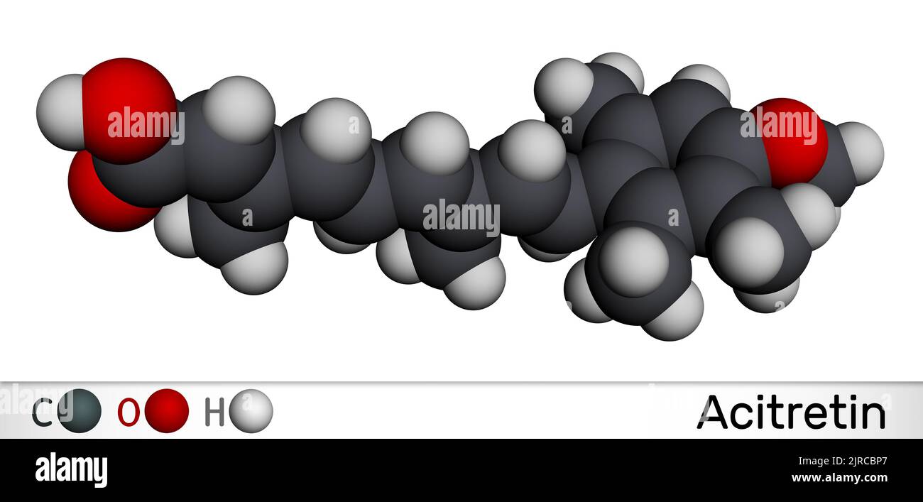 Acitretin molecule. It is retinoid used in the treatment of psoriasis ...
