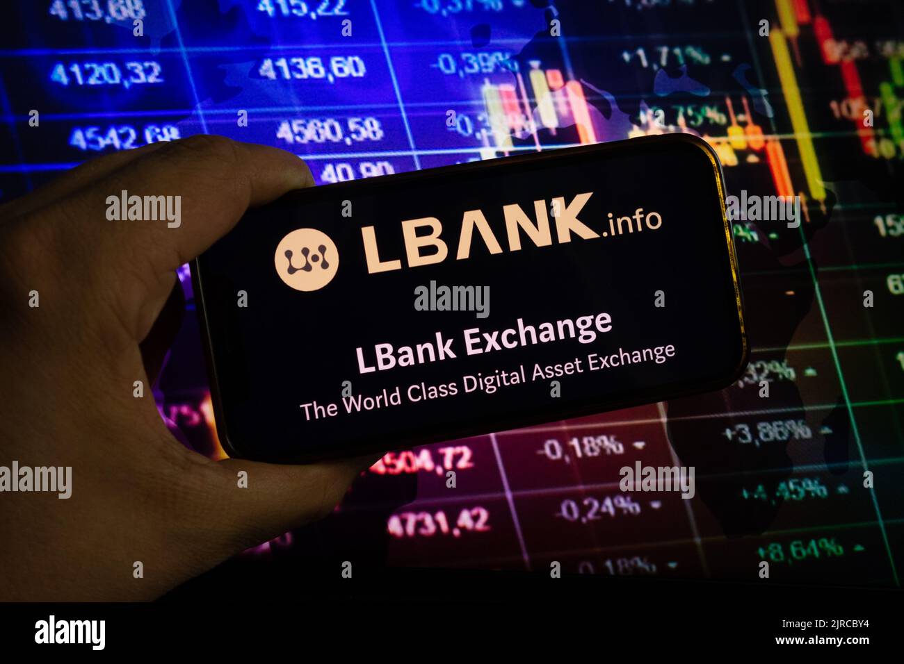 KONSKIE, POLAND - August 10, 2022: Smartphone displaying logo of LBank cryptocurrency exchange ...