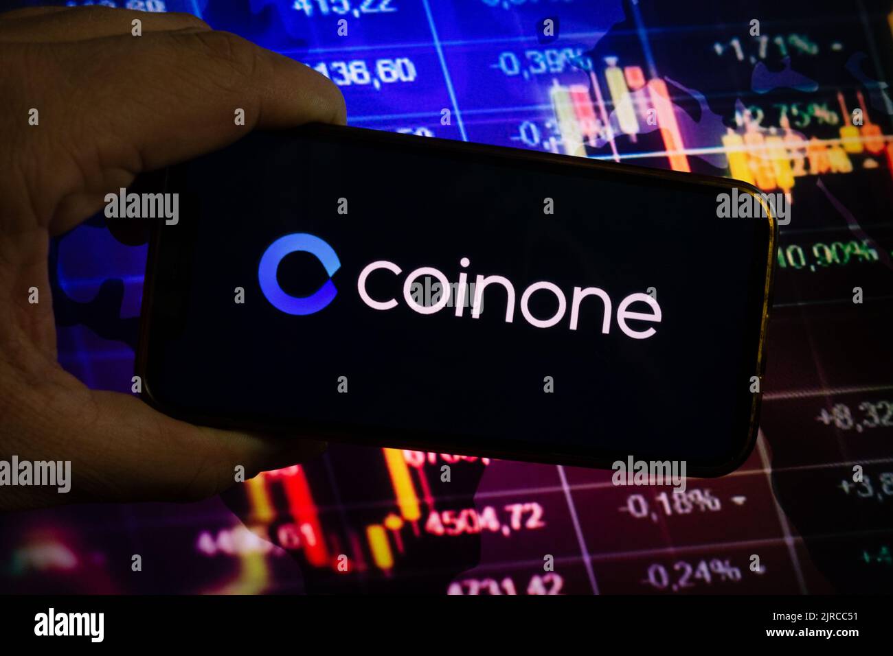 KONSKIE, POLAND - August 10, 2022: Smartphone displaying logo of Coinone cryptocurrency exchange ...