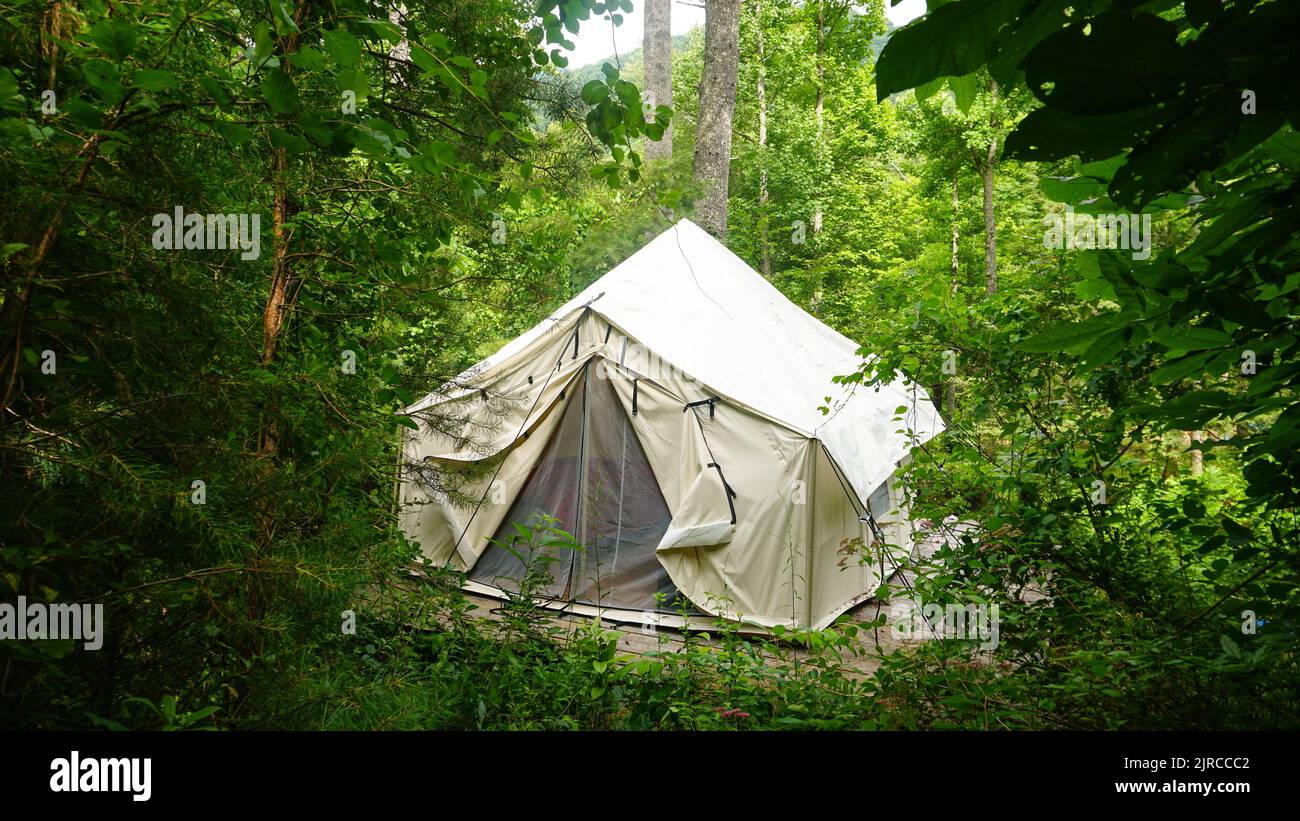 Off Grid Glamping tent setup. Canvas shelter homestead in the mountains ...