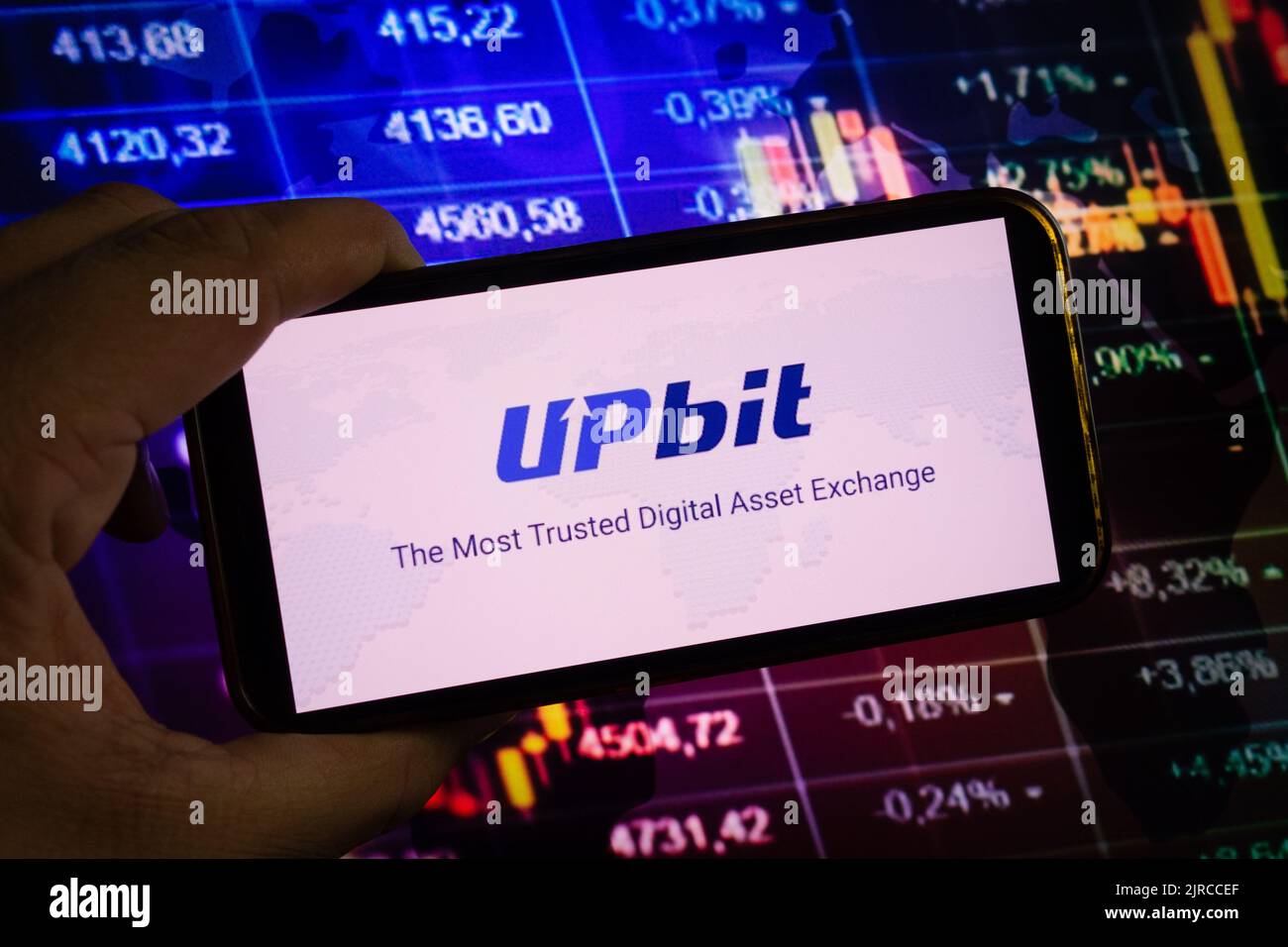 KONSKIE, POLAND - August 10, 2022: Smartphone displaying logo of Upbit ...