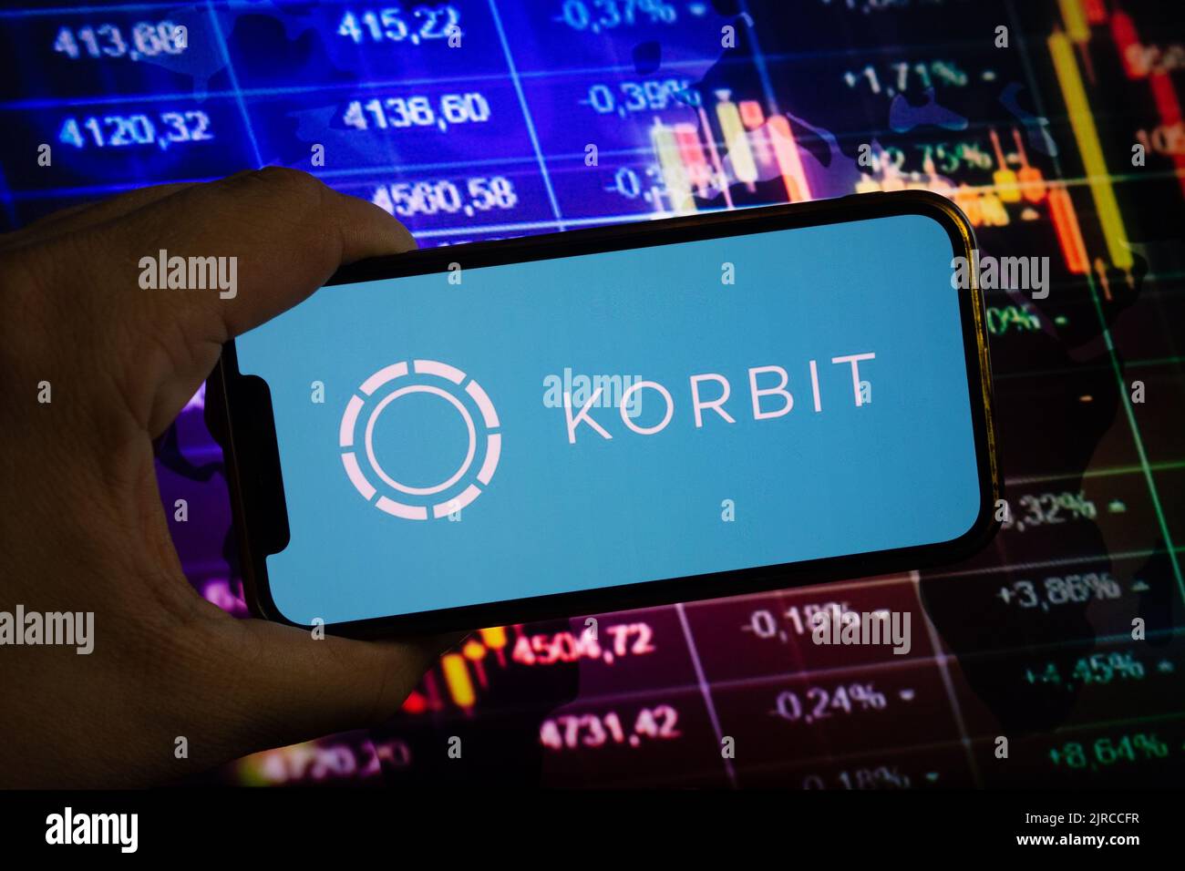 KONSKIE, POLAND - August 10, 2022: Smartphone displaying logo of Korbit ...