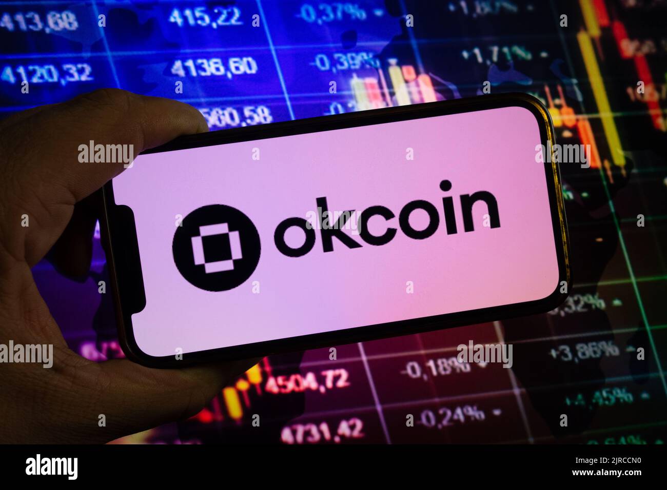 KONSKIE, POLAND - August 10, 2022: Smartphone displaying logo of Okcoin ...