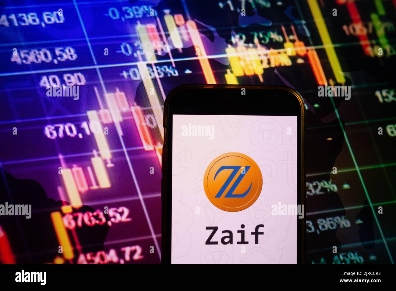 KONSKIE, POLAND - August 10, 2022: Smartphone displaying logo of Zaif cryptocurrency exchange on ...