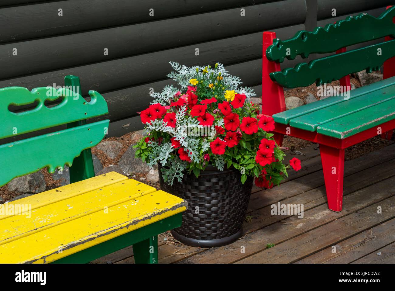 Colorful benches near the shops of Wasagaming, riding Mountain National ...