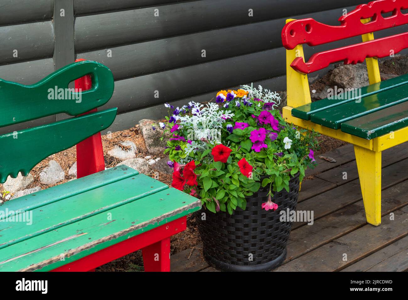 Colorful benches near the shops of Wasagaming, riding Mountain National ...