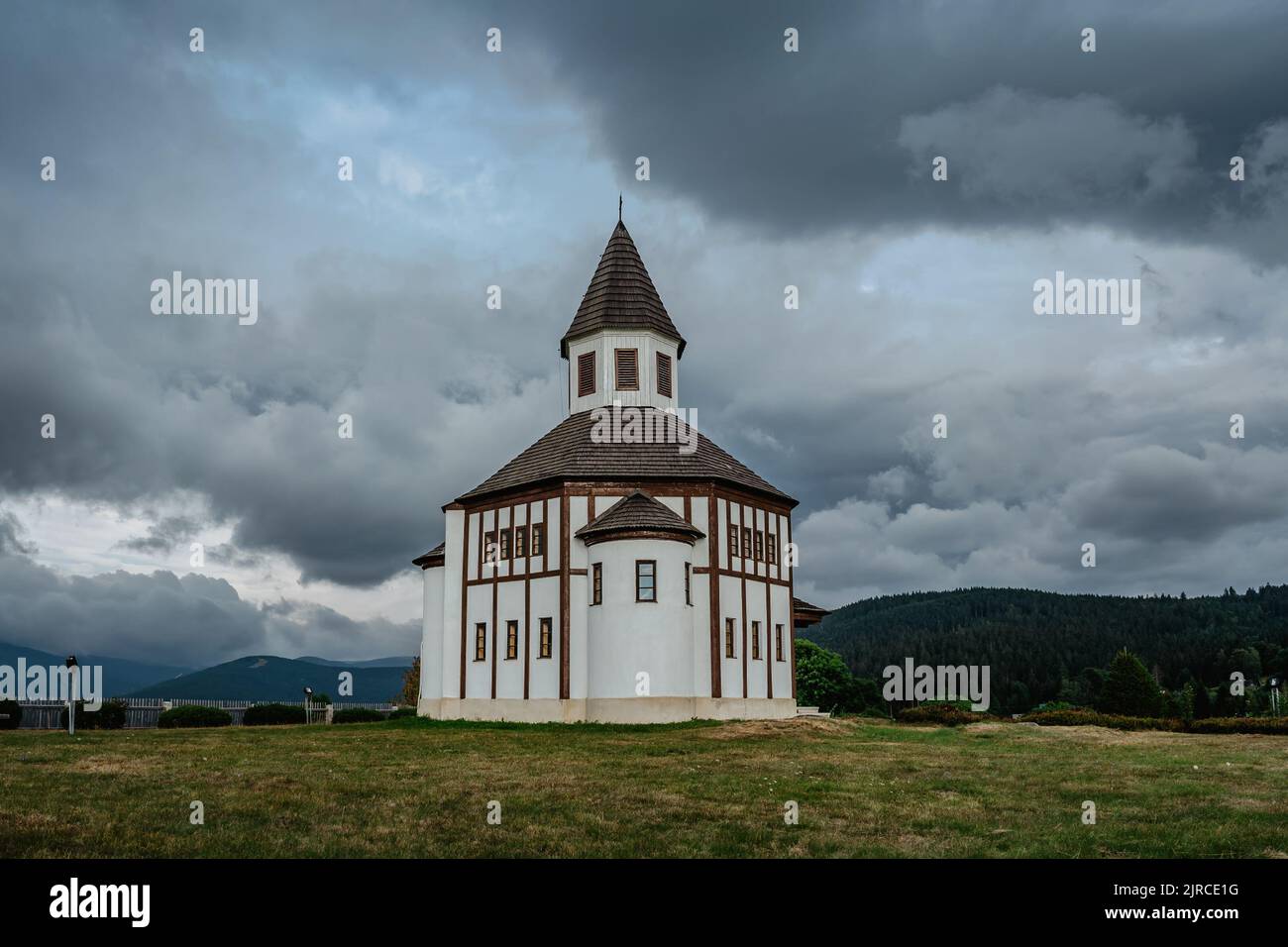 Small white rural Tesarovska chapel with cemetery in village of Korenov ...