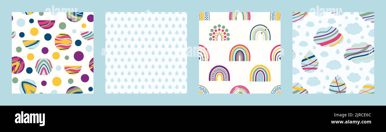 Set of seamless patterns with colorful rainbows, blue clouds and drops ...