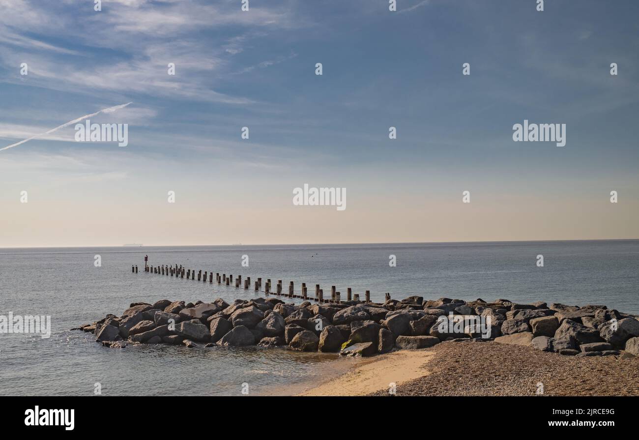 Lowestoft, Suffolk, UK – August 14 2022. View across Lowestoft beach on ...