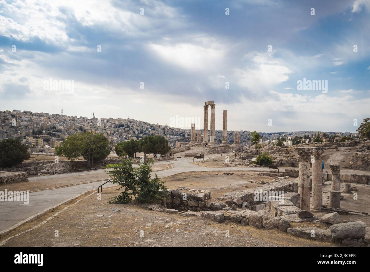 The ruins of Hercules temple in Amman Citadel, Jordan against the ...