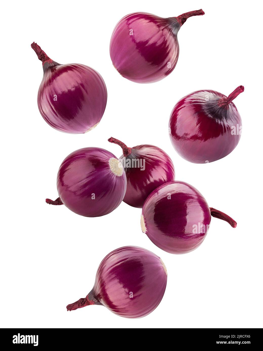 Falling red onion isolated on white background, clipping path, full ...