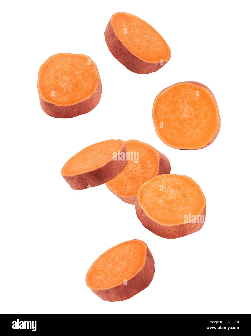 Falling sweet potato, slice, isolated on white background, clipping ...