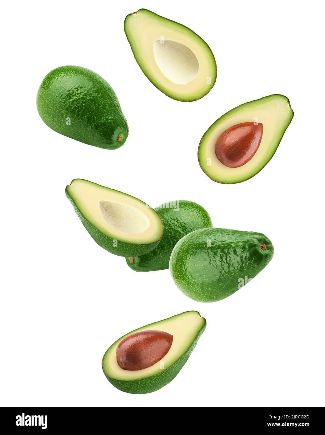Falling avocado isolated on white background, full depth of field ...