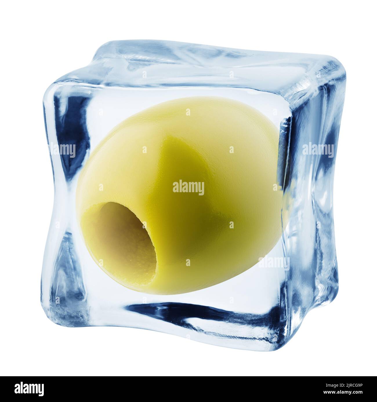 green olive in ice cube, isolated on white background, clipping path ...