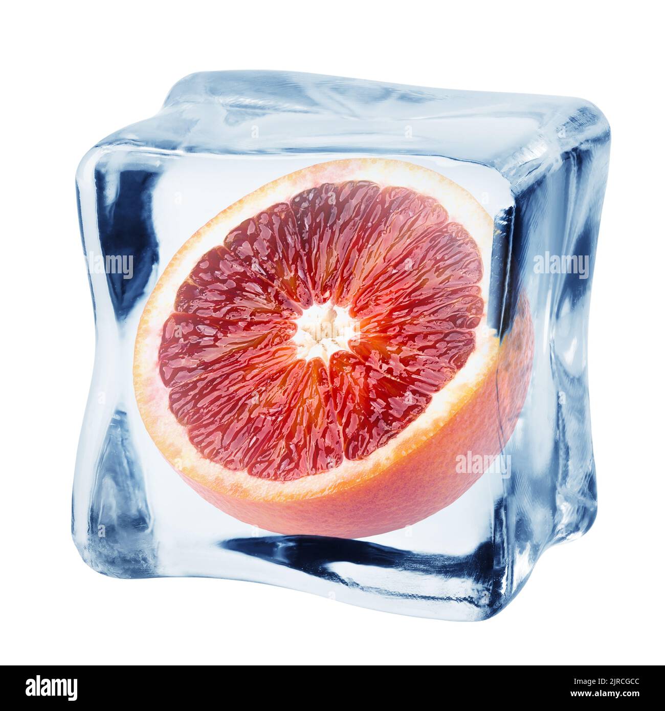 red blood orange in ice cube, isolated on white background, clipping ...