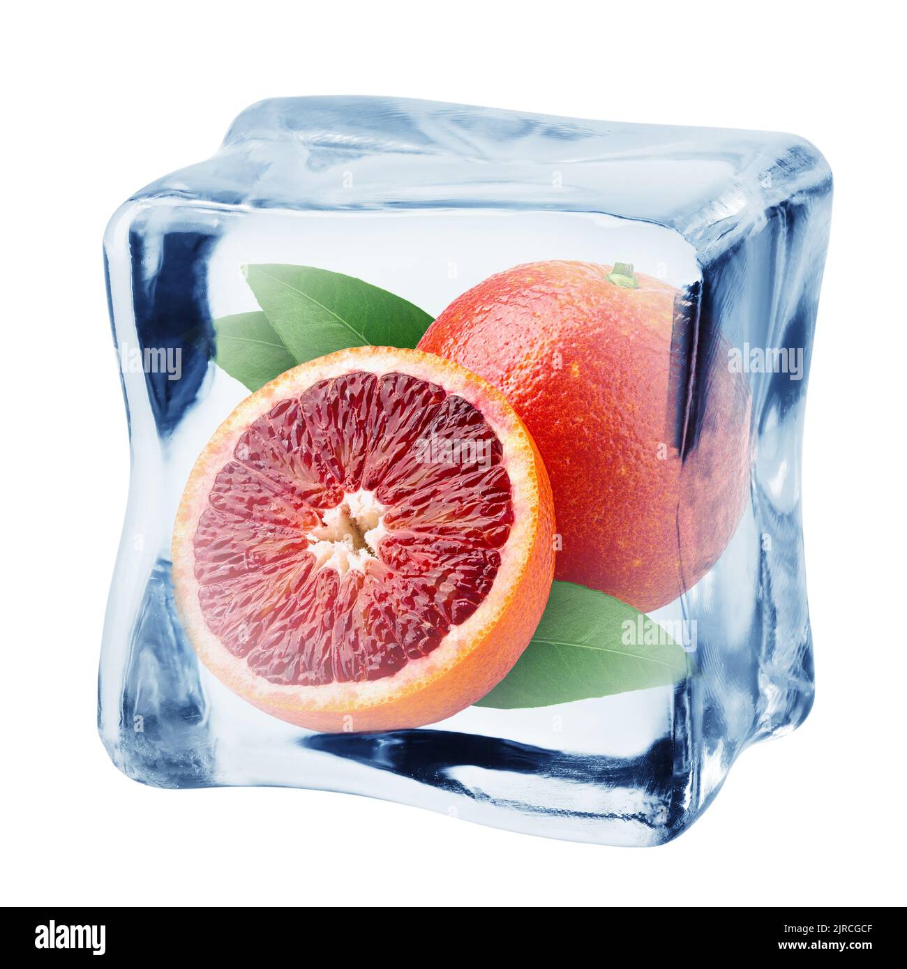 red blood orange in ice cube, isolated on white background, clipping ...