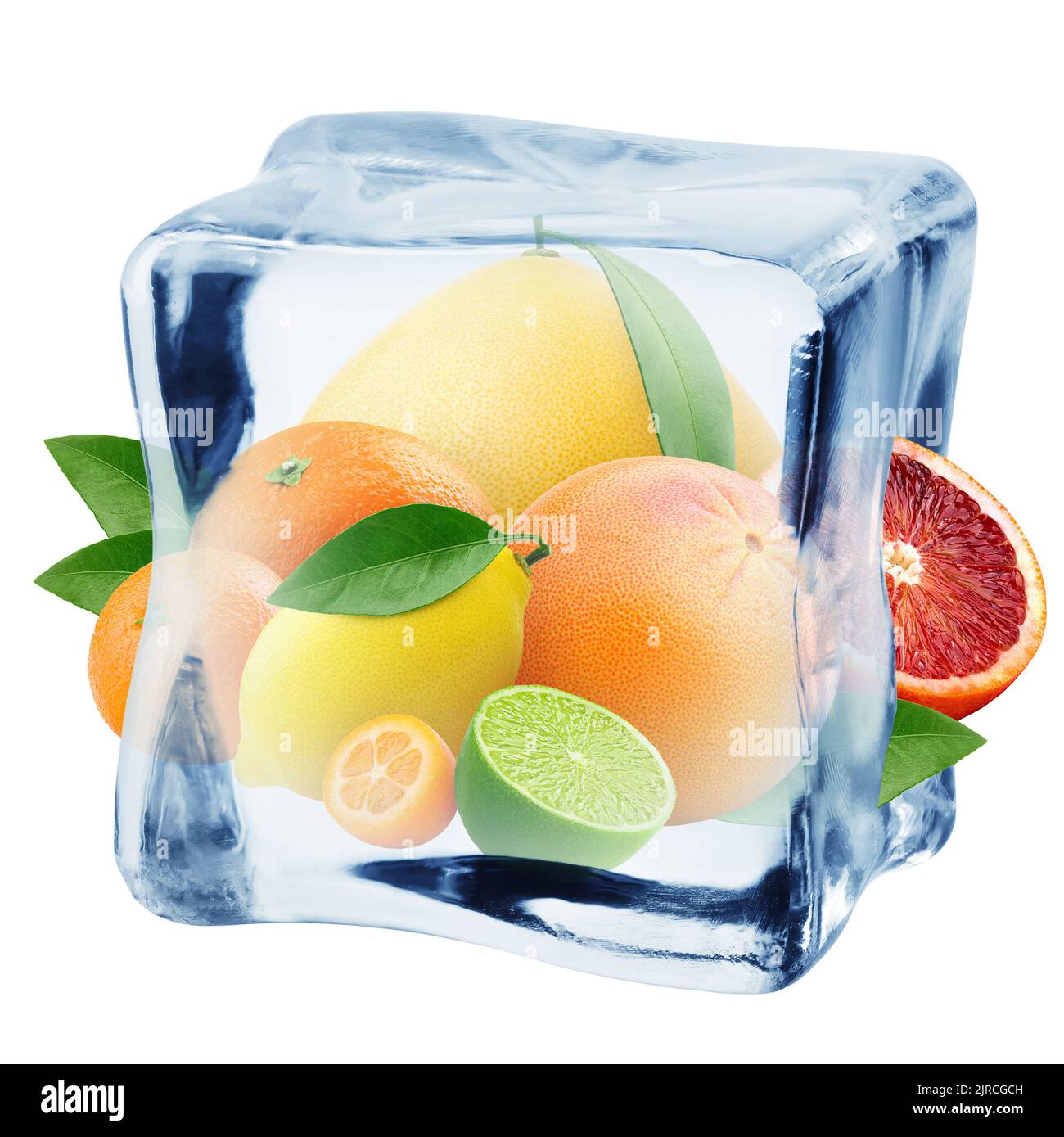 citrus mix in ice cube, isolated on white background, clipping path ...