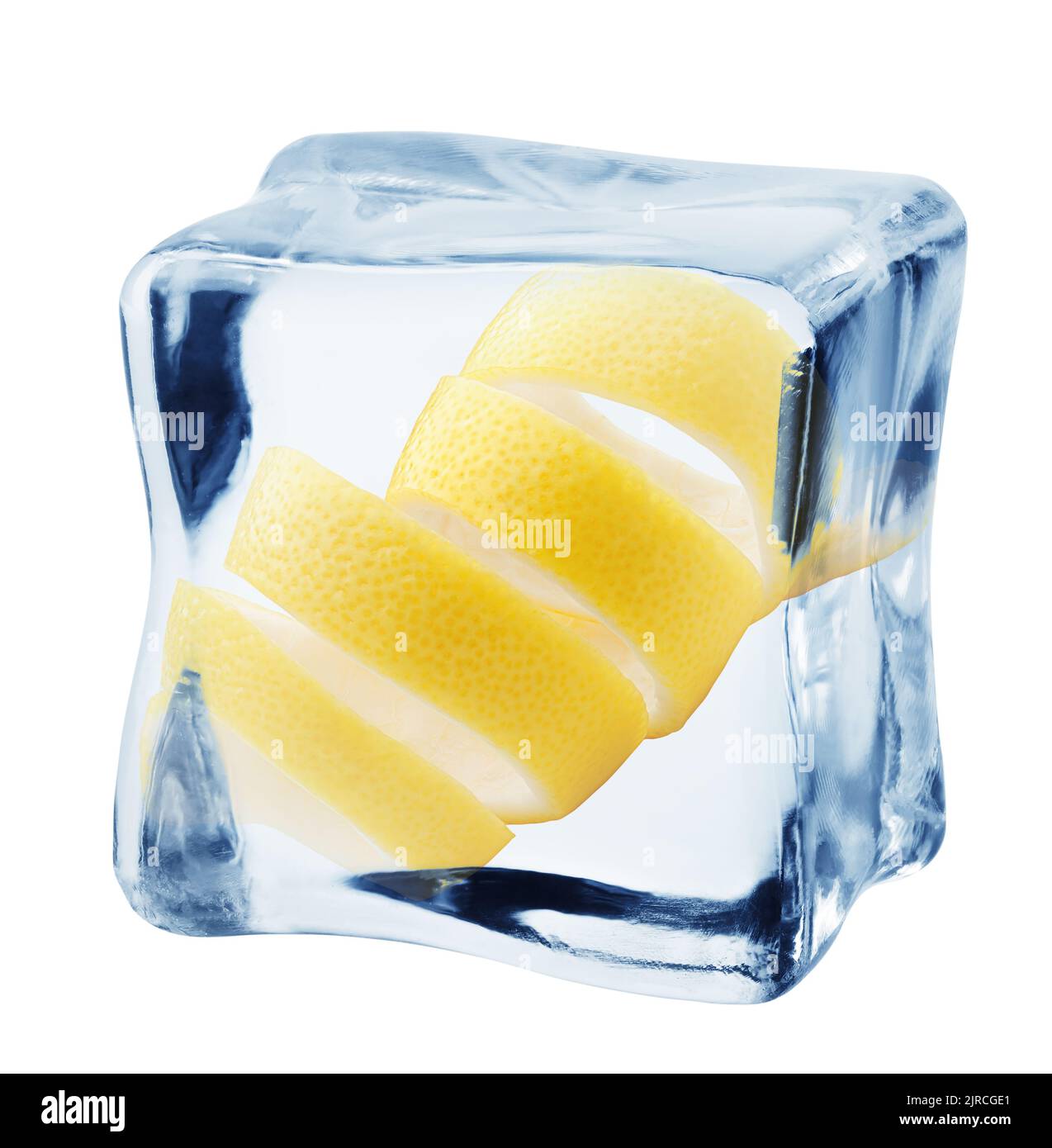 lemon peel in ice cube, isolated on white background, clipping path ...