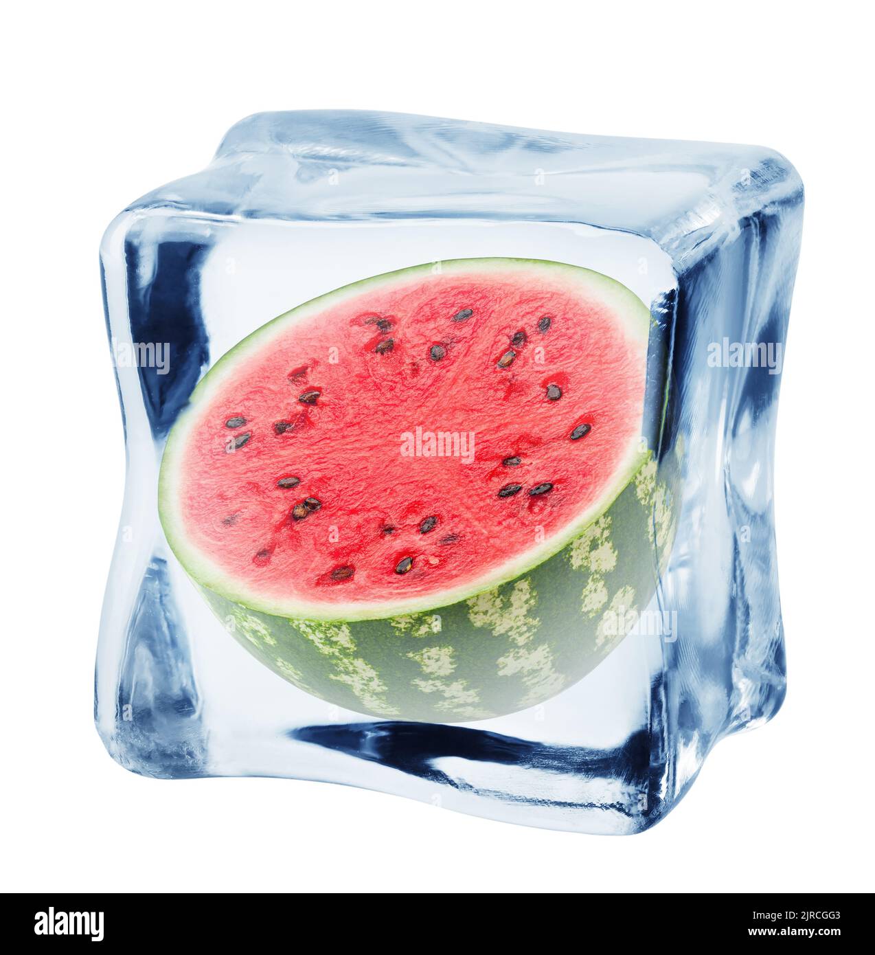 watermelon in ice cube, isolated on white background, clipping path ...