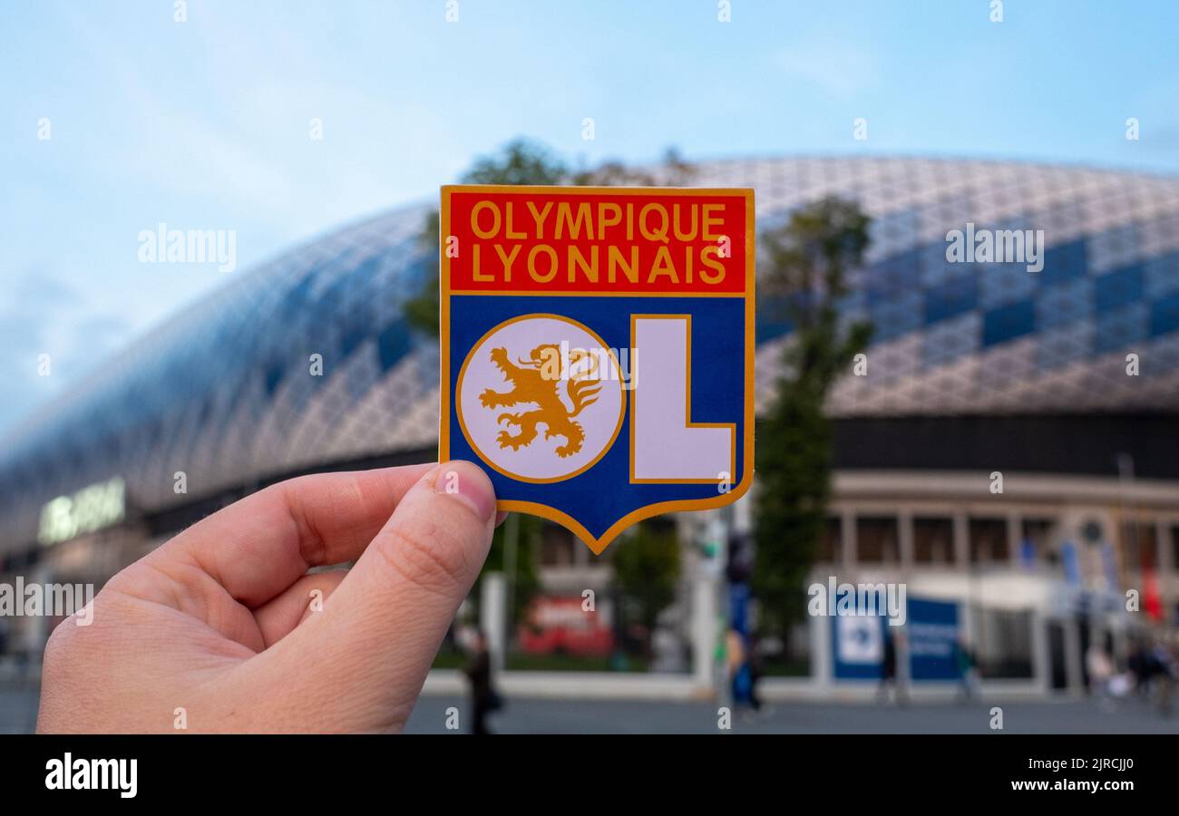 September 12, 2021, Lyon, France. The emblem of the football club ...