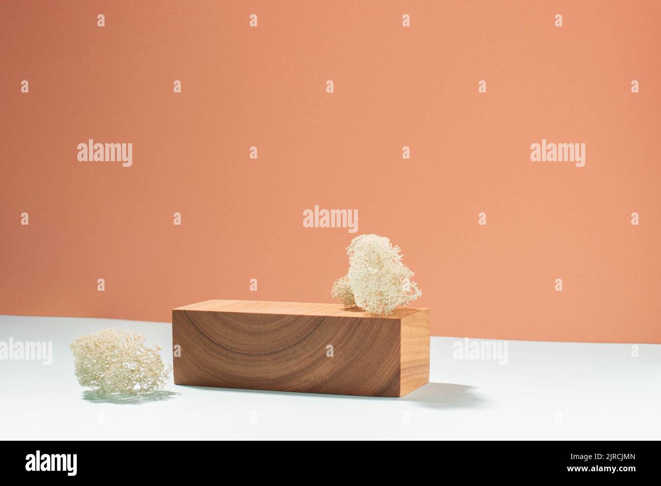 Abstract creative podium pedestal from natural materials, coral blue ...