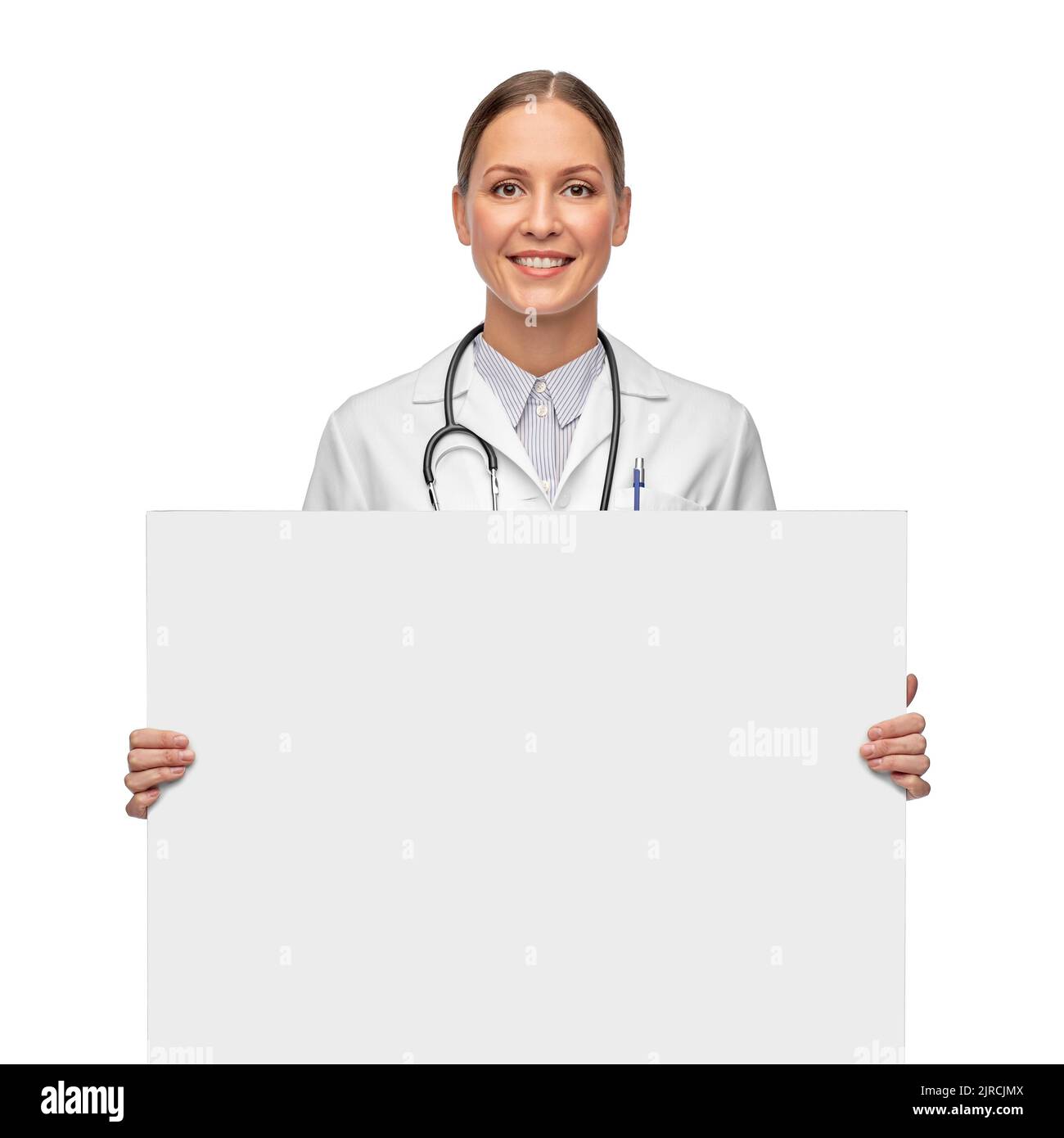happy smiling female doctor holding white board Stock Photo - Alamy