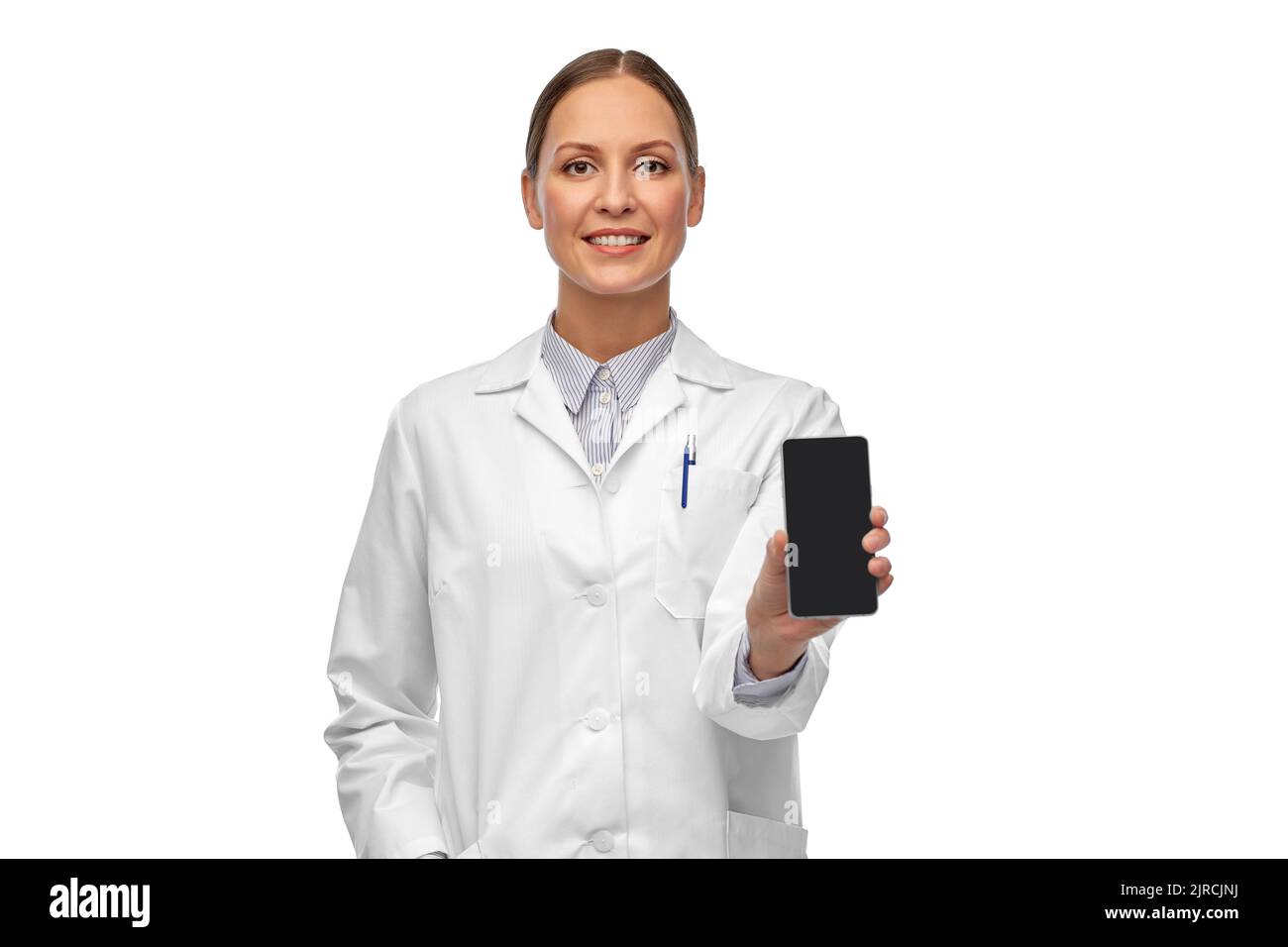 happy female doctor or scientist with smartphone Stock Photo - Alamy