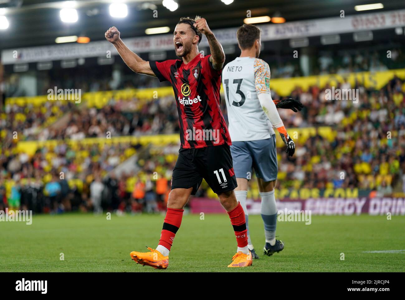 Bournemouth’s Emiliano Marcondes celebrates after scoring their penalty ...