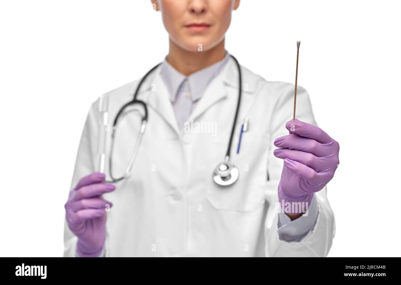 female doctor with cotton swab and test tube Stock Photo - Alamy