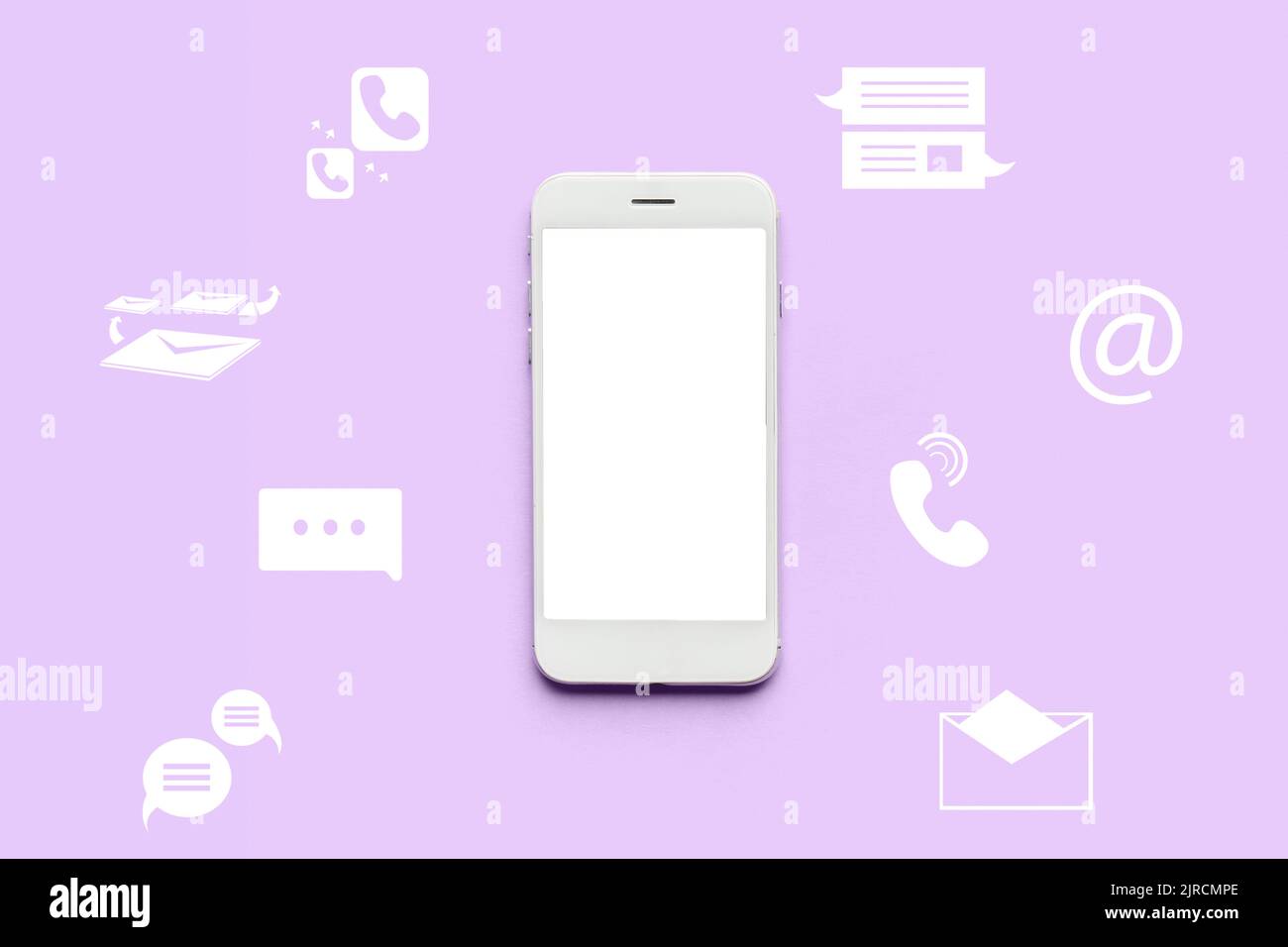 Mobile phone with blank screen and icons on lilac background Stock ...