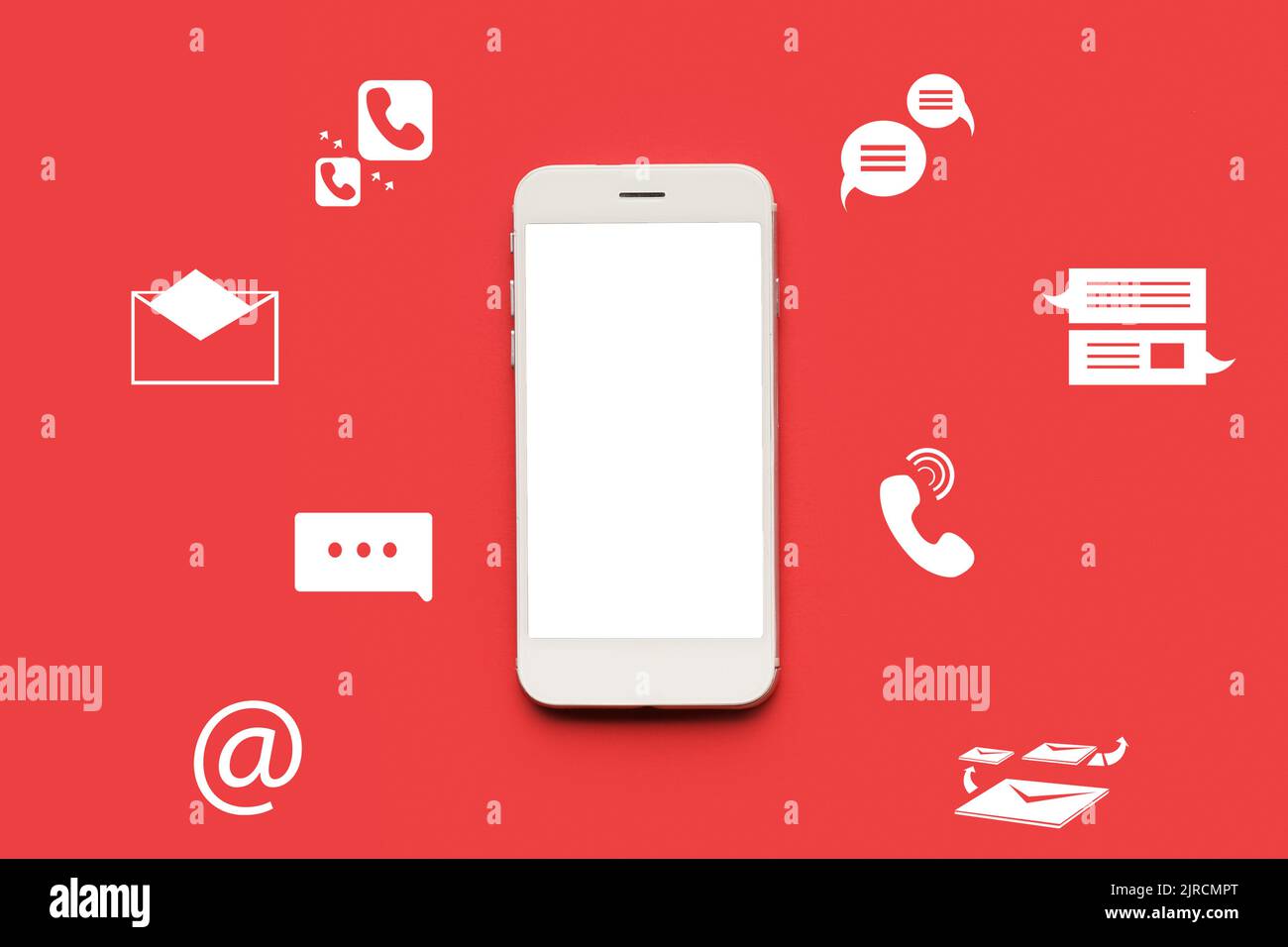 Mobile phone with blank screen and icons on red background Stock Photo ...